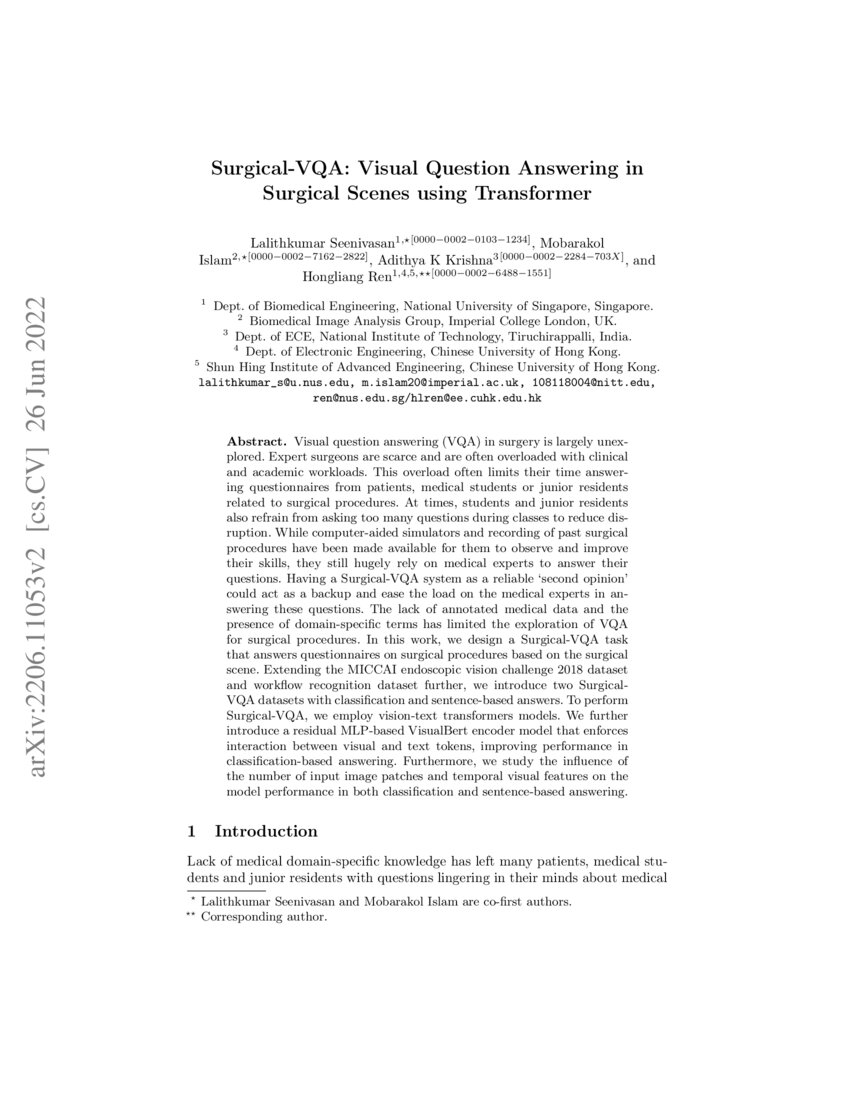 Surgical-VQA: Visual Question Answering in Surgical Scenes using Transformer | DeepAI