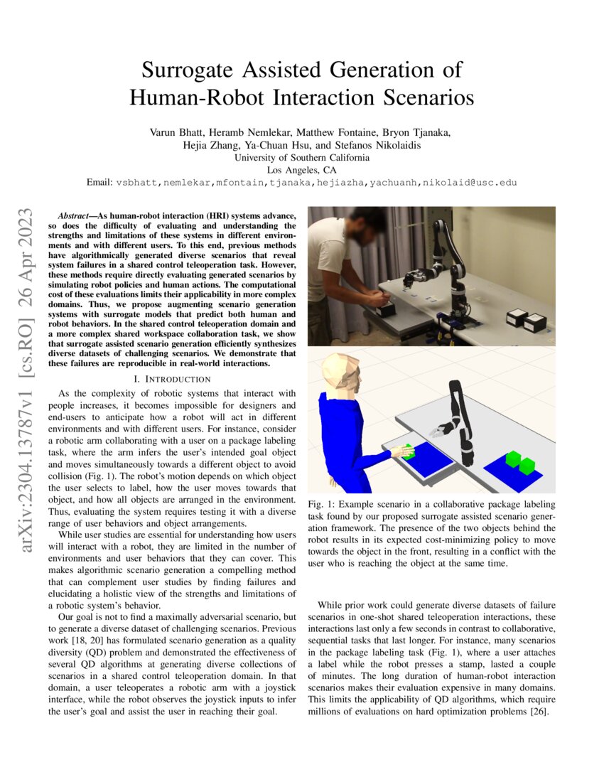 Surrogate Assisted Generation of Human-Robot Interaction Scenarios | DeepAI