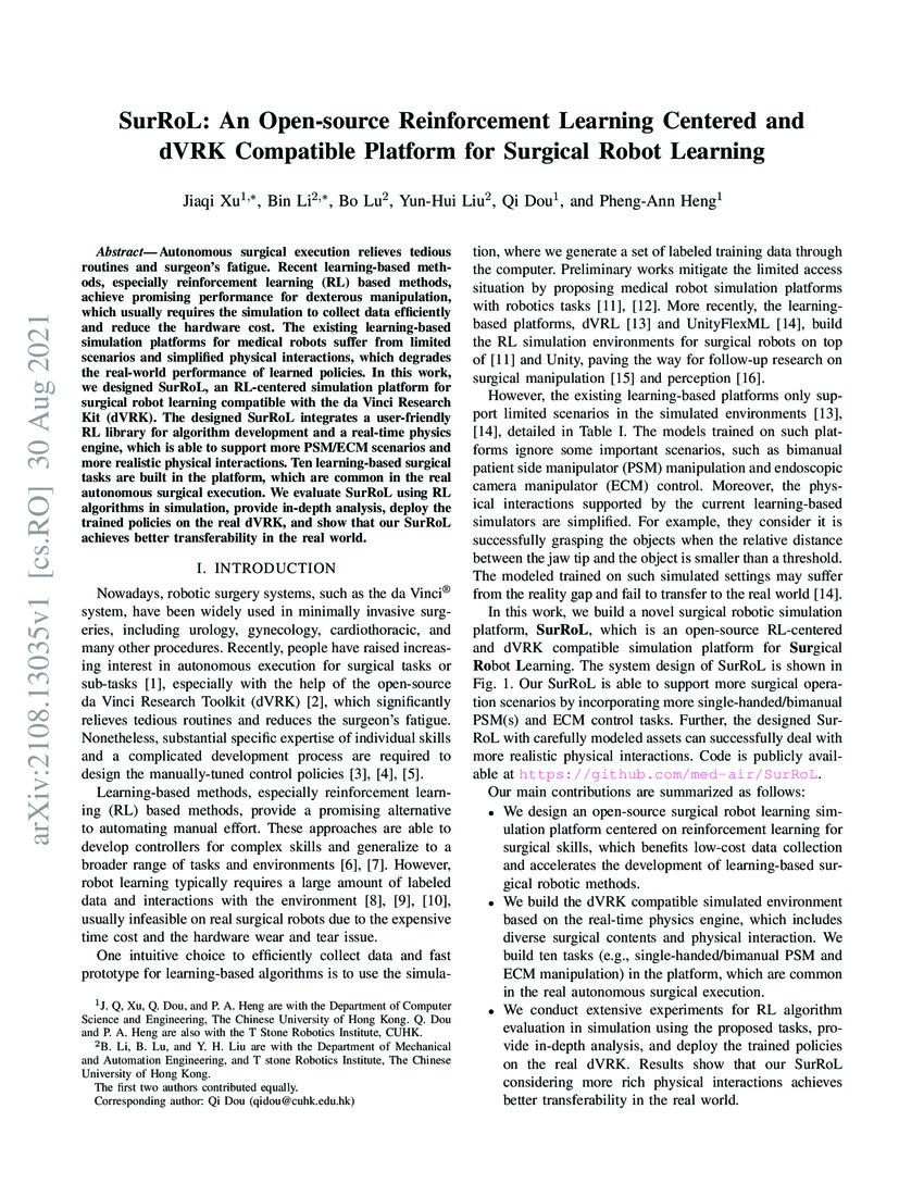 Surrol An Open Source Reinforcement Learning Centered And Dvrk Compatible Platform For Surgical