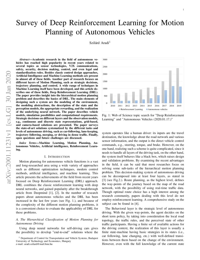 Survey of Deep Reinforcement Learning for Motion Planning of Autonomous Vehicles | DeepAI