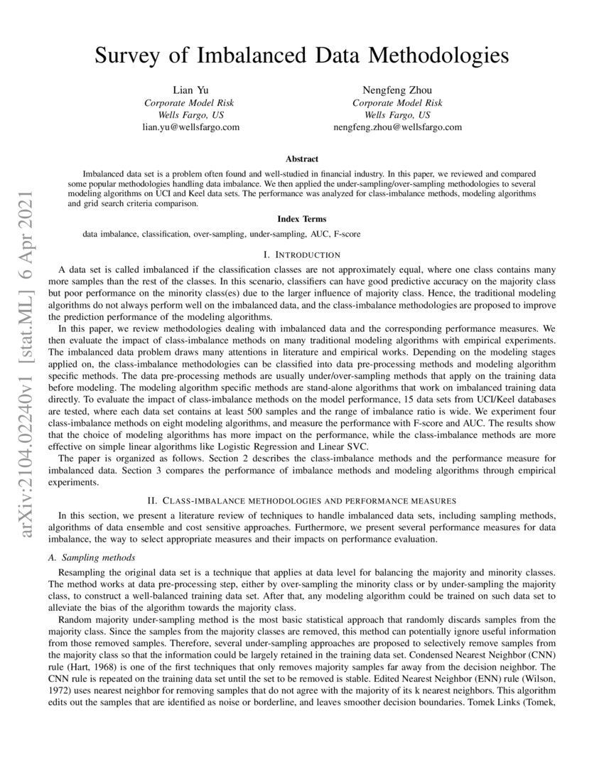Survey of Imbalanced Data Methodologies | DeepAI