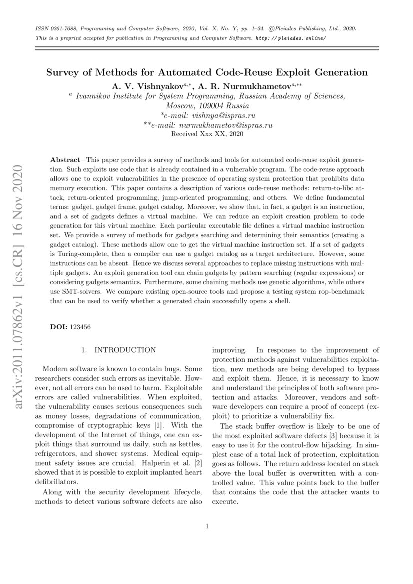 Survey Of Methods For Automated Code Reuse Exploit Generation Deepai 7058