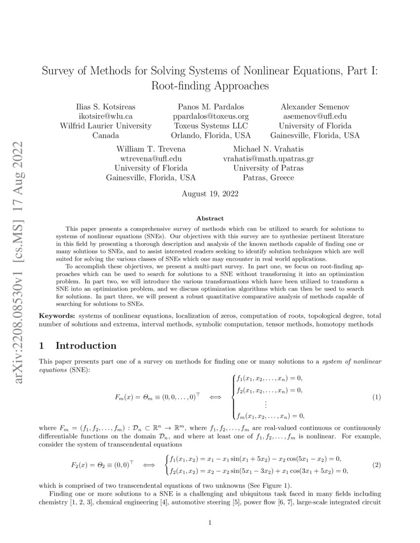 Survey Of Methods For Solving Systems Of Nonlinear Equations Part I Root Finding Approaches 4893