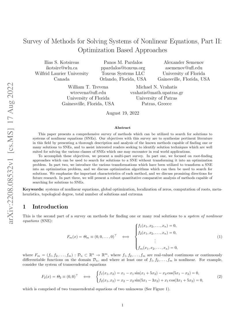 Survey Of Methods For Solving Systems Of Nonlinear Equations Part Ii Optimization Based