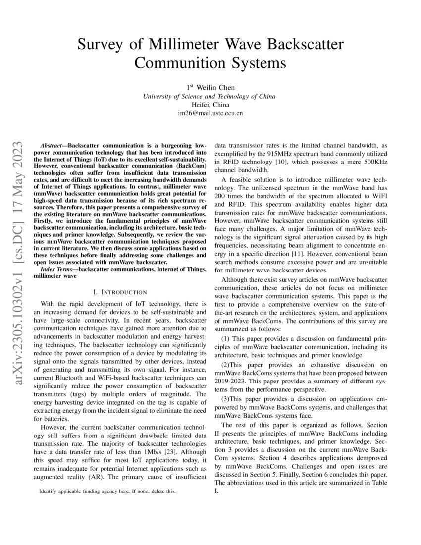 Survey of Millimeter Wave Backscatter Communition Systems | DeepAI