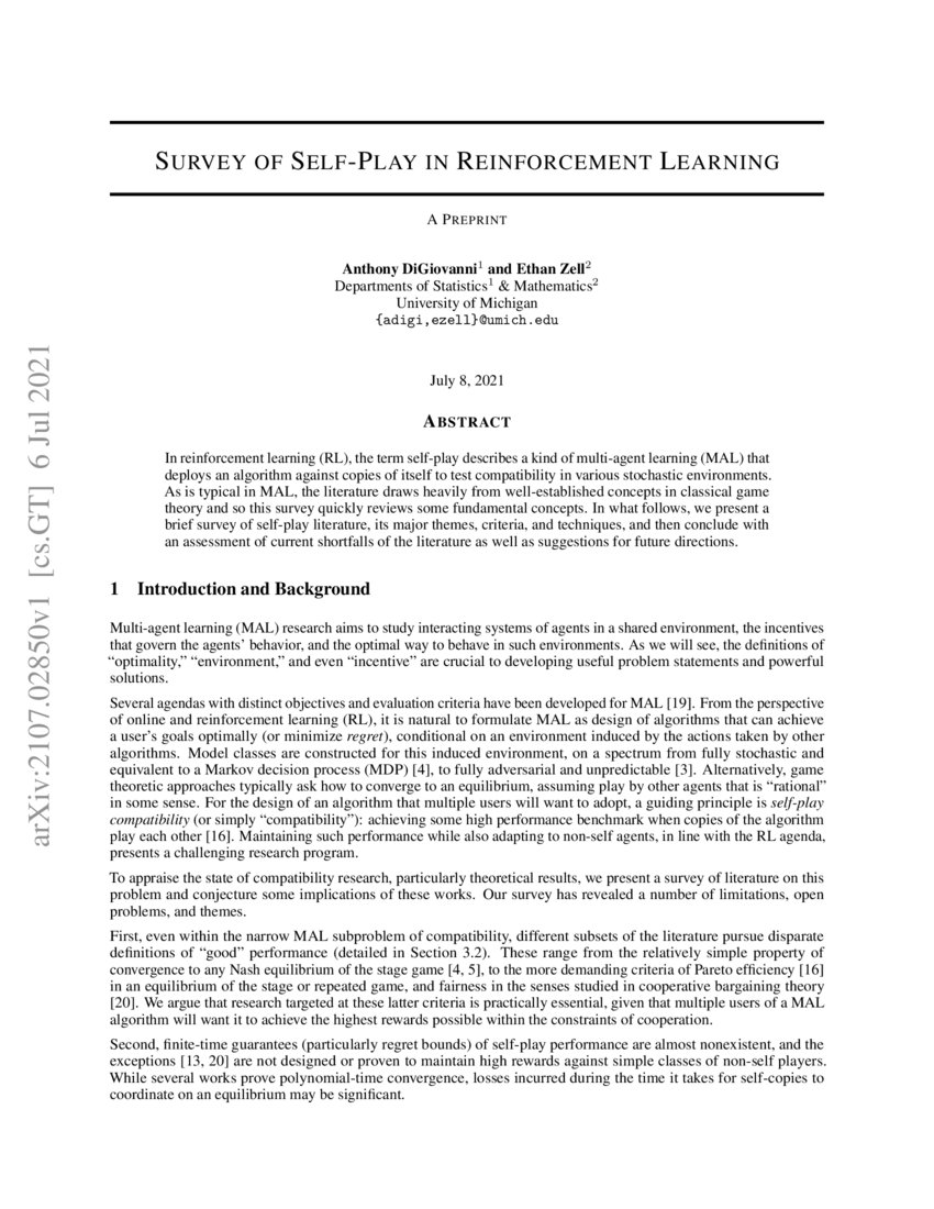 Survey of Self-Play in Reinforcement Learning | DeepAI