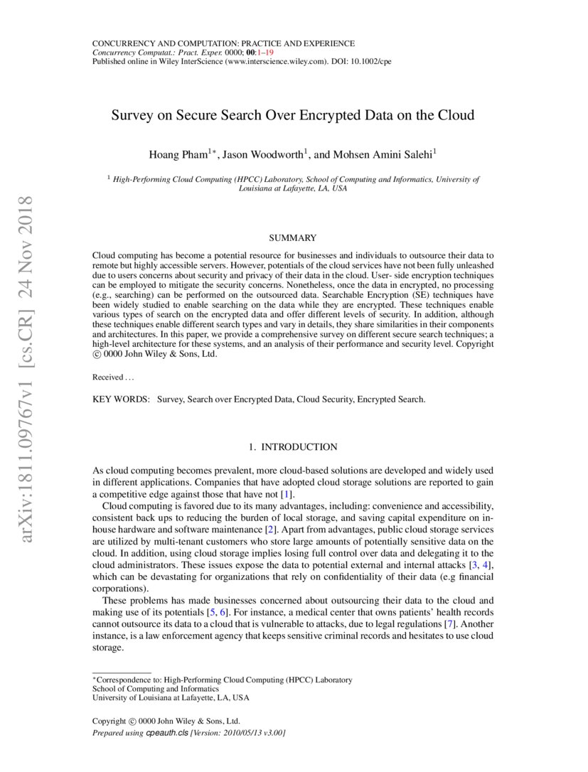 Survey On Secure Search Over Encrypted Data On The Cloud Deepai