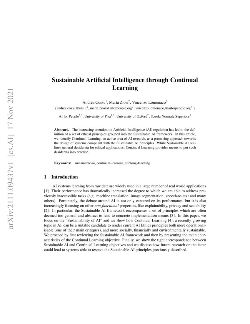Sustainable Artificial Intelligence through Continual Learning | DeepAI