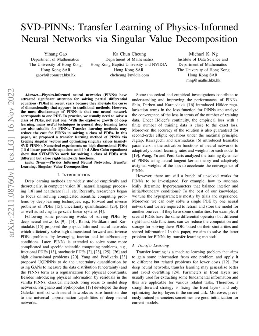 Svd Pinns Transfer Learning Of Physics Informed Neural Networks Via Singular Value