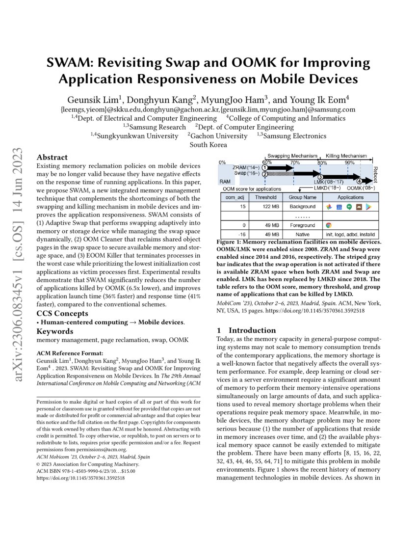 SWAM: Revisiting Swap and OOMK for Improving Application Responsiveness on Mobile Devices | DeepAI