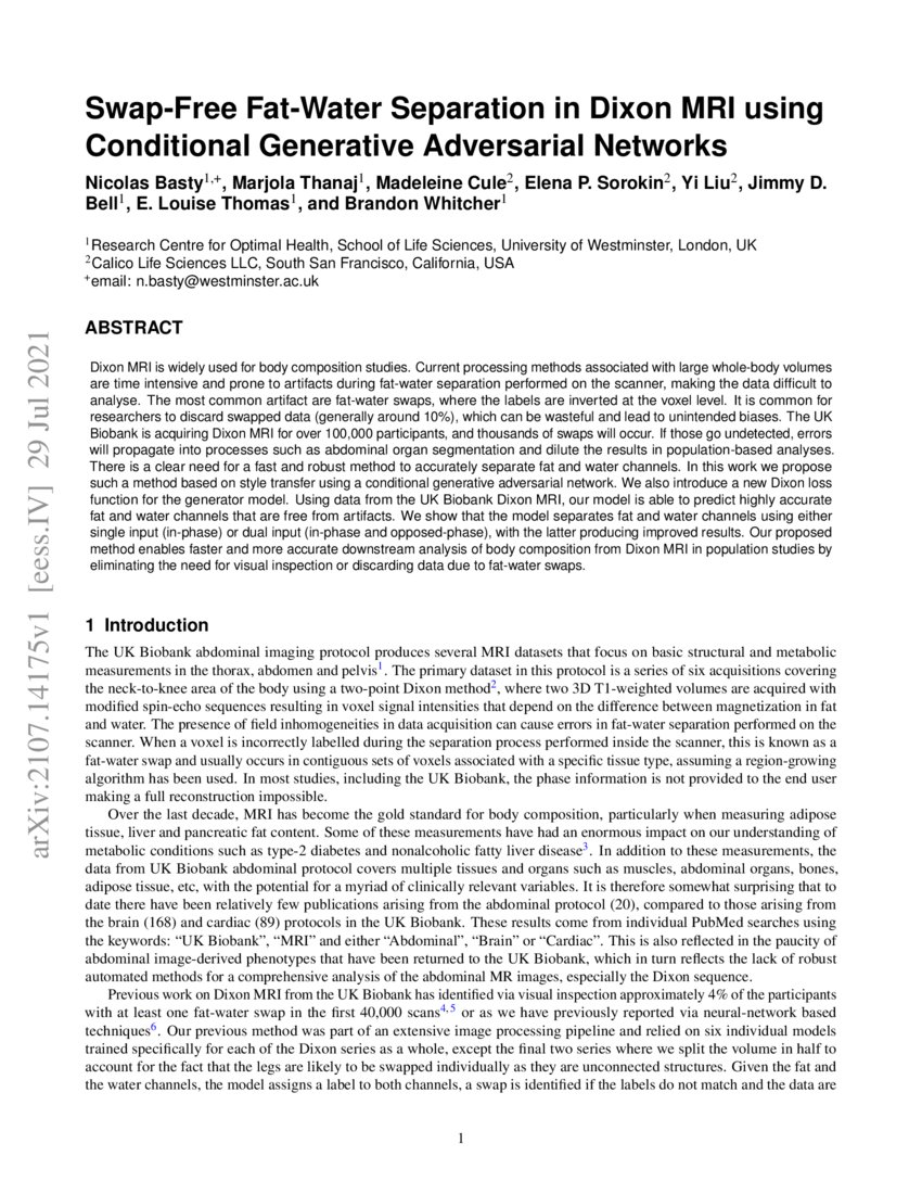 Swap-Free Fat-Water Separation in Dixon MRI using Conditional ...