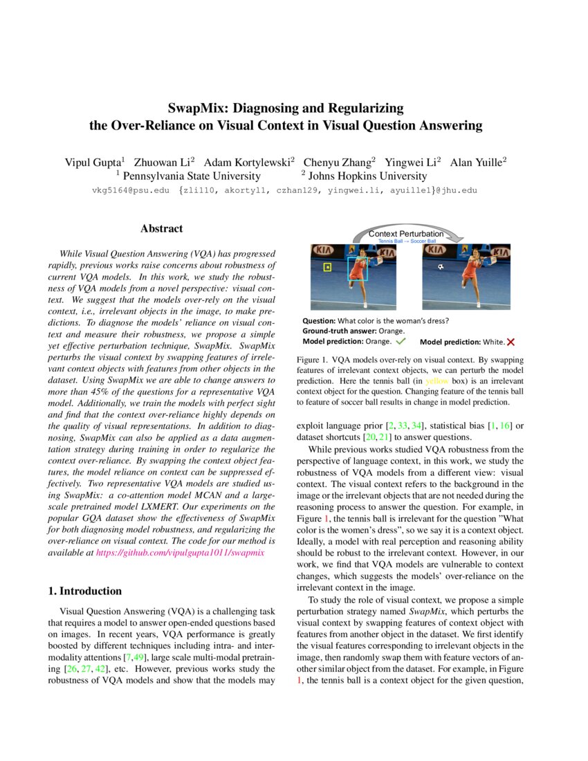 SwapMix: Diagnosing and Regularizing the Over-Reliance on Visual Context in Visual Question ...
