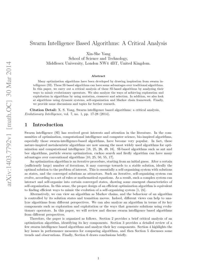 Swarm Intelligence Based Algorithms A Critical Analysis Deepai