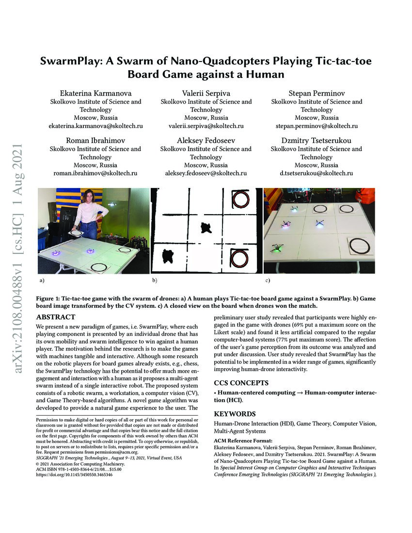 SwarmPlay: A Swarm of Nano-Quadcopters Playing Tic-tac-toe Board Game against a Human | DeepAI