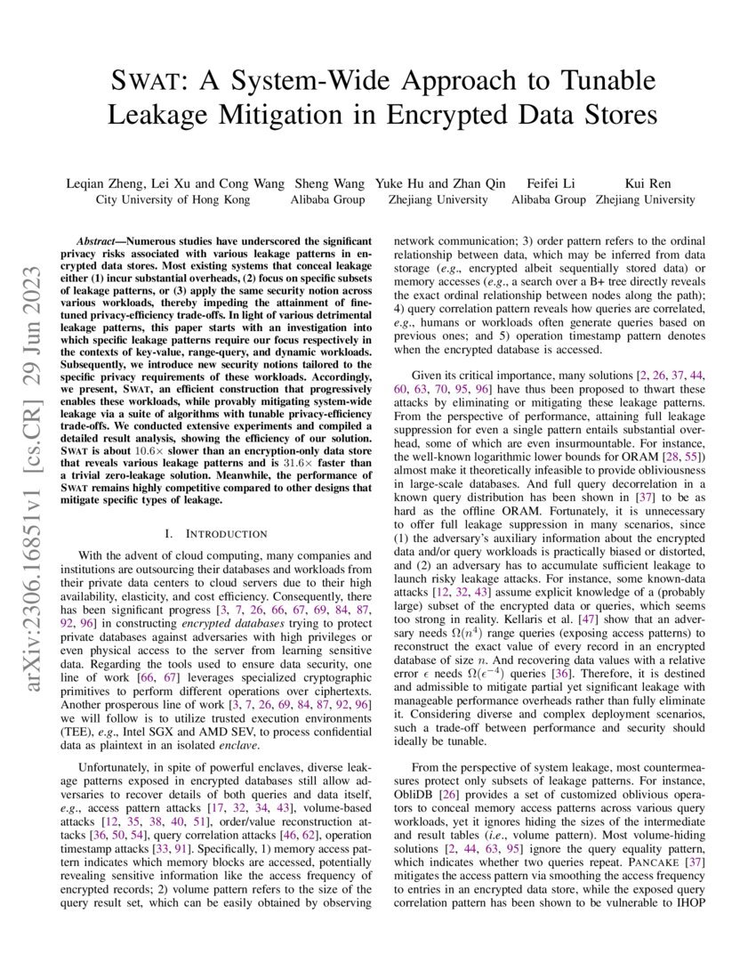 Swat A System Wide Approach To Tunable Leakage Mitigation In Encrypted