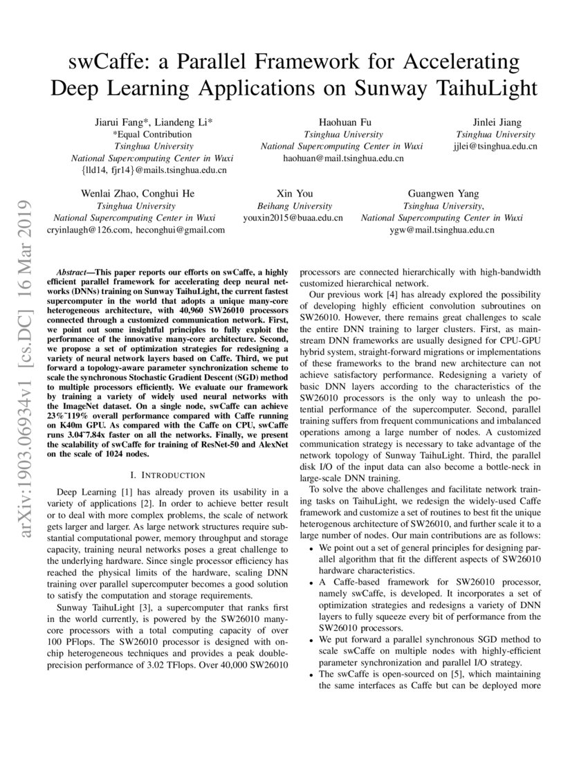 swCaffe: a Parallel Framework for Accelerating Deep Learning Applications on Sunway TaihuLight ...