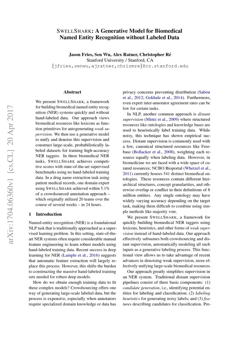 SwellShark: A Generative Model for Biomedical Named Entity Recognition without Labeled Data | DeepAI