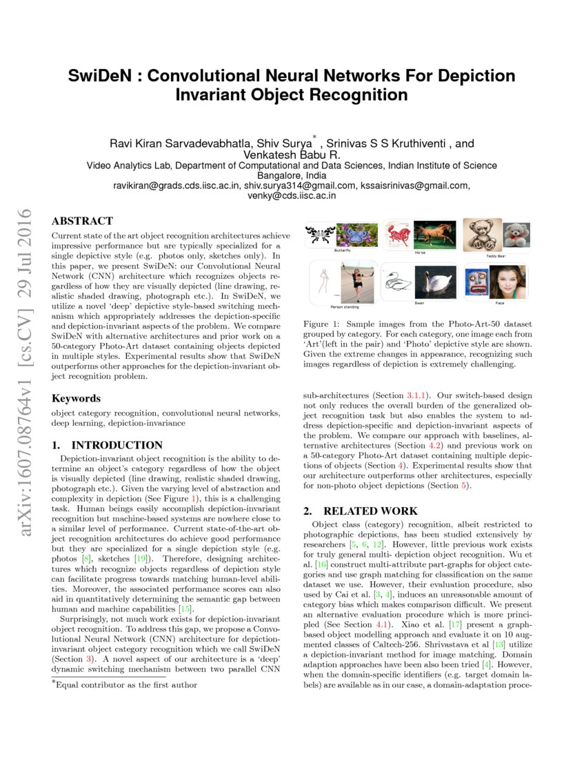 SwiDeN : Convolutional Neural Networks For Depiction Invariant Object Recognition | DeepAI