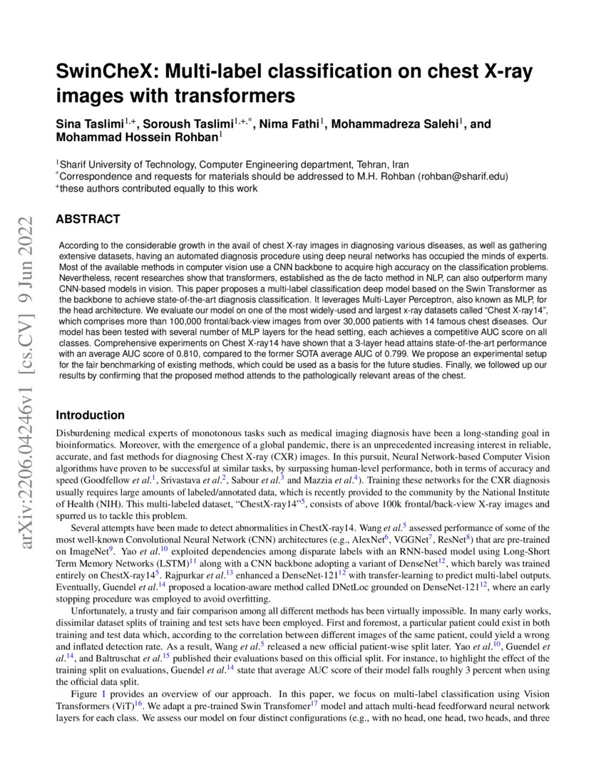 SwinCheX: Multi-label classification on chest X-ray images with ...