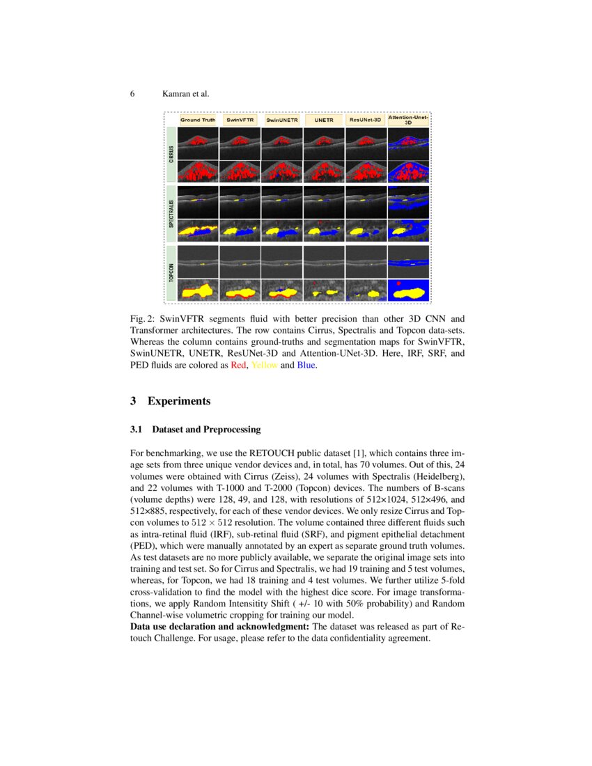 Swinvftr A Novel Volumetric Feature Learning Transformer For 3d Oct Fluid Segmentation Deepai