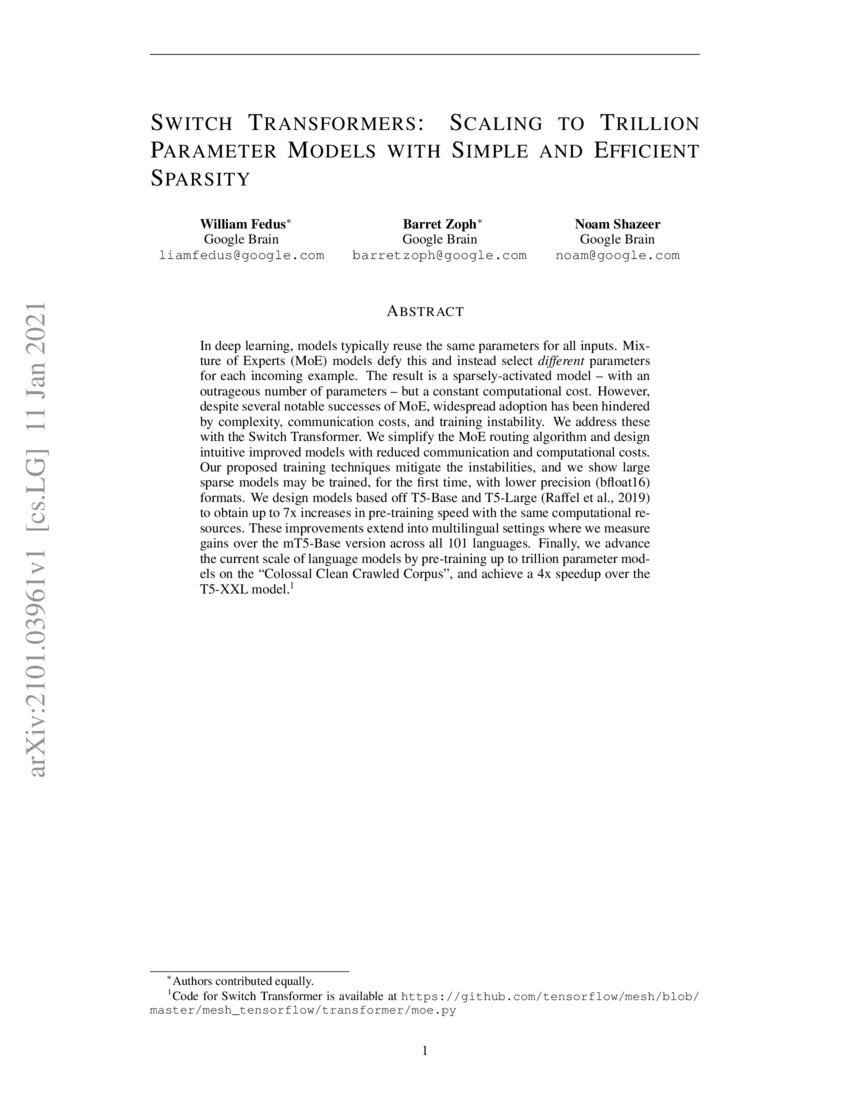 Switch Transformers Scaling To Trillion Parameter Models With Simple And Efficient Sparsity