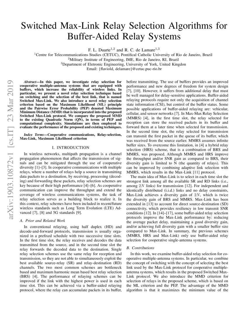 Switched Max Link Relay Selection Algorithms For Buffer Aided Relay Systems Deepai