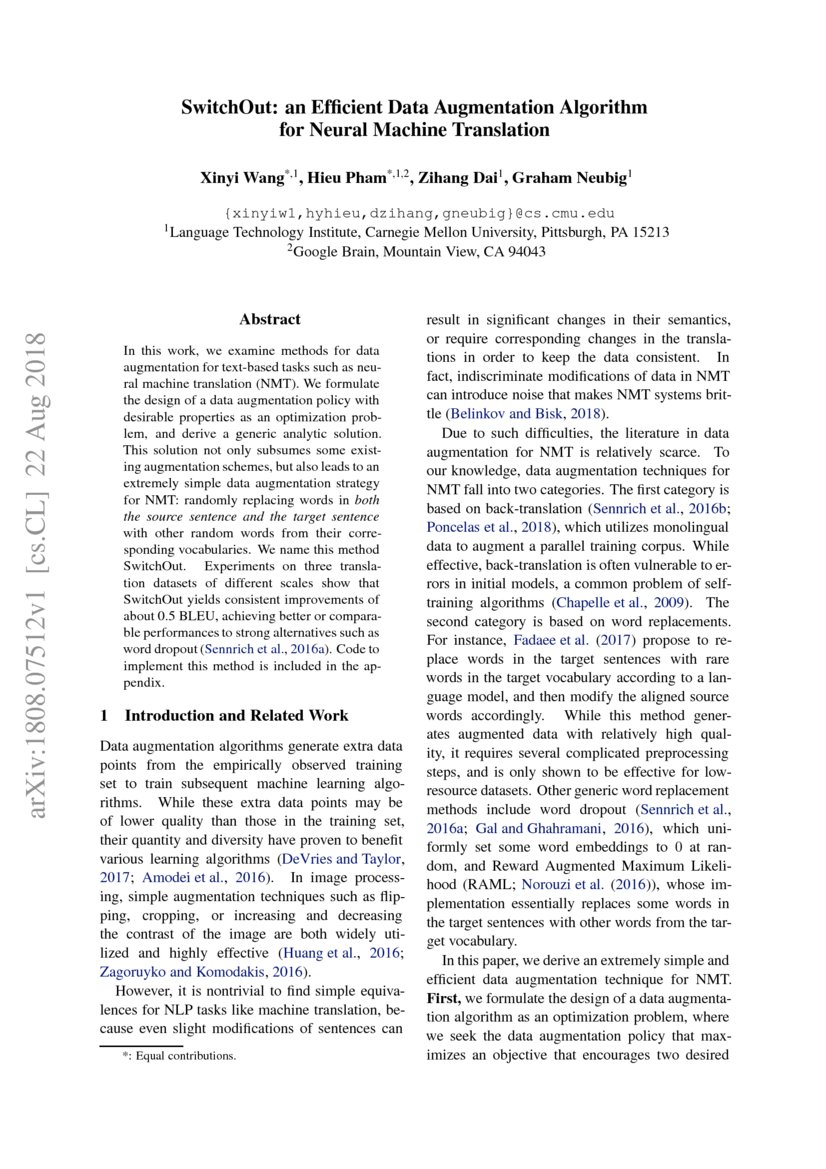 Switchout An Efficient Data Augmentation Algorithm For Neural Machine