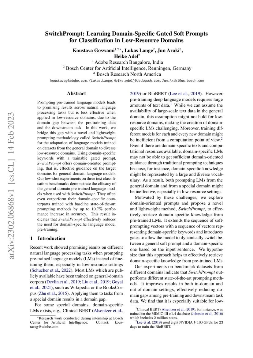 SwitchPrompt: Learning Domain-Specific Gated Soft Prompts for Classification in Low-Resource ...