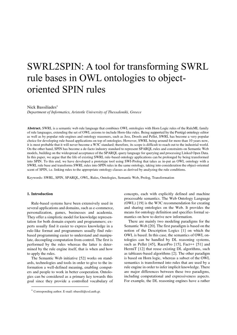 SWRL2SPIN: A tool for transforming SWRL rule bases in OWL ontologies to object-oriented SPIN ...
