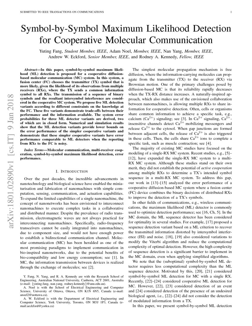 Symbol-by-Symbol Maximum Likelihood Detection for Cooperative Molecular ...