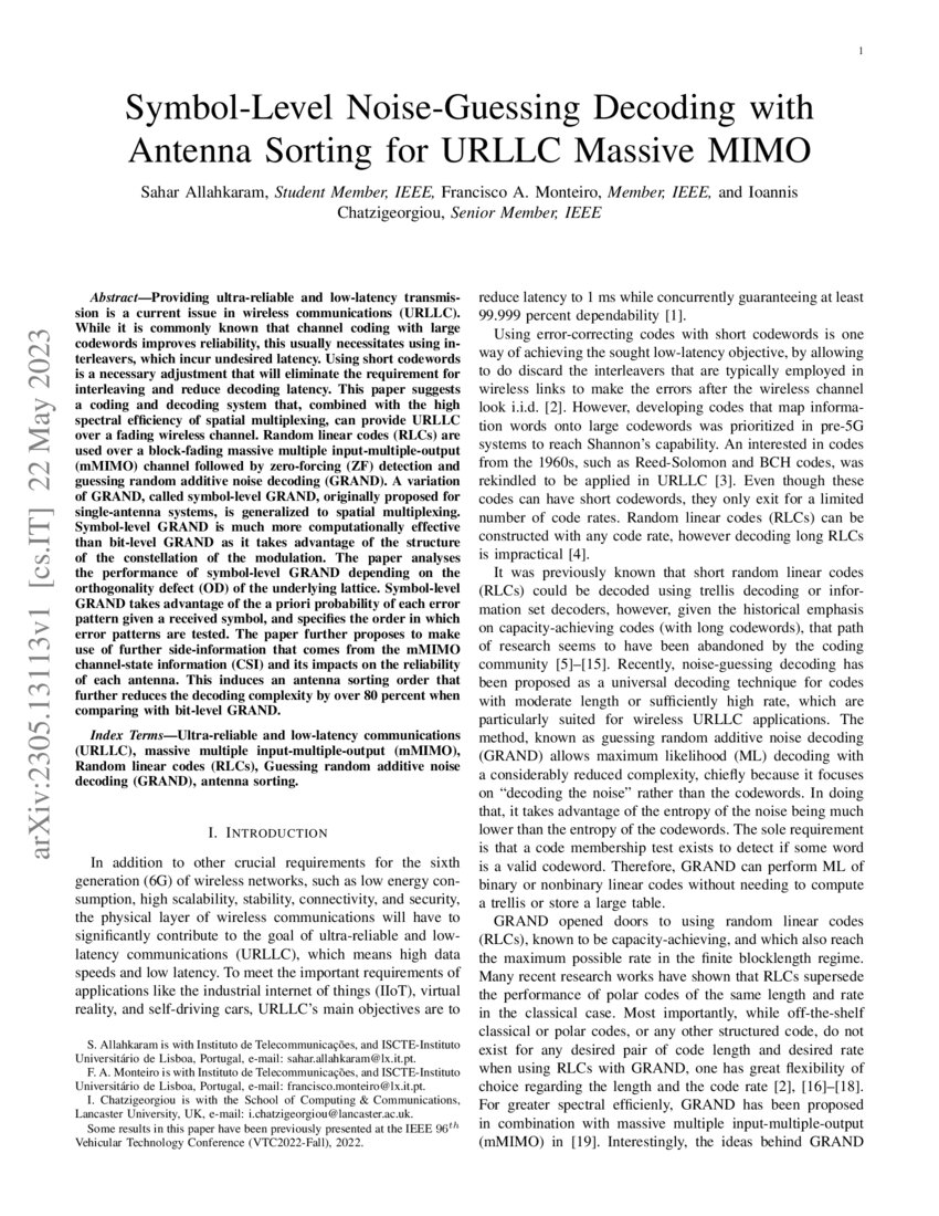 Symbol Level Noise Guessing Decoding With Antenna Sorting For Urllc Massive Mimo Deepai