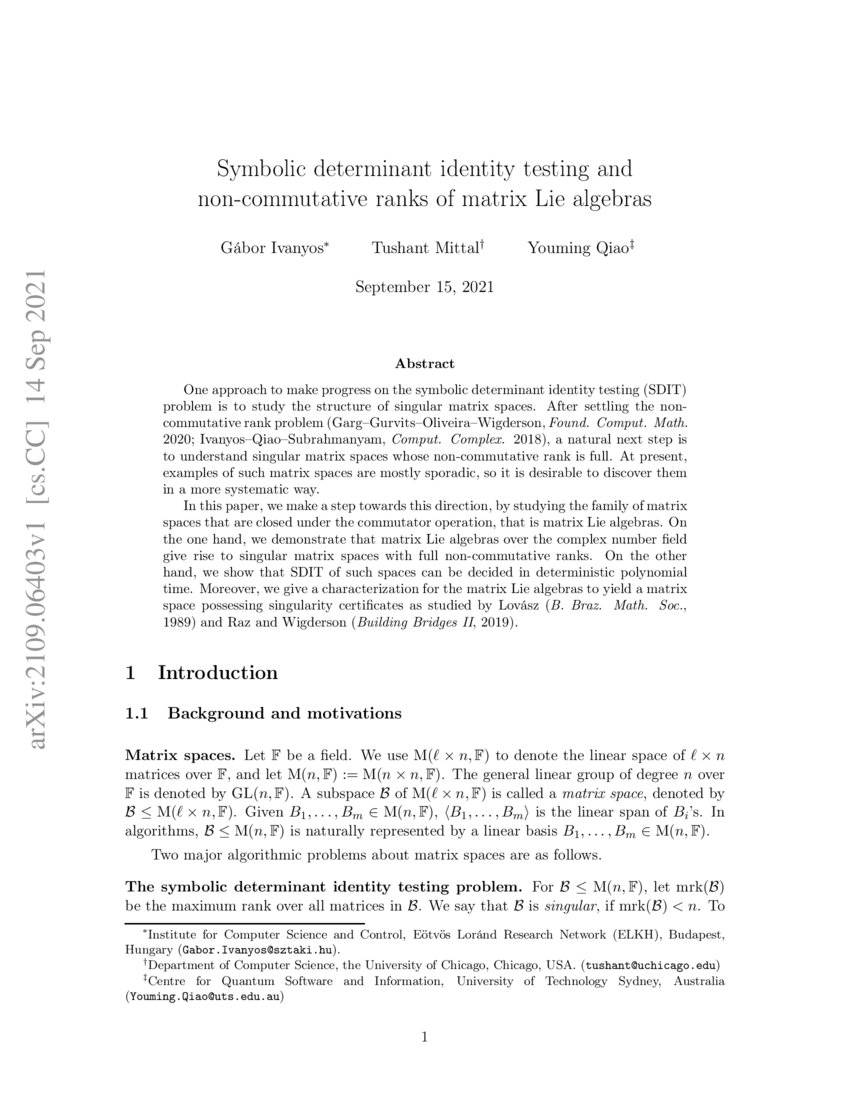 Symbolic Determinant Identity Testing And Non Commutative Ranks Of Matrix Lie Algebras Deepai