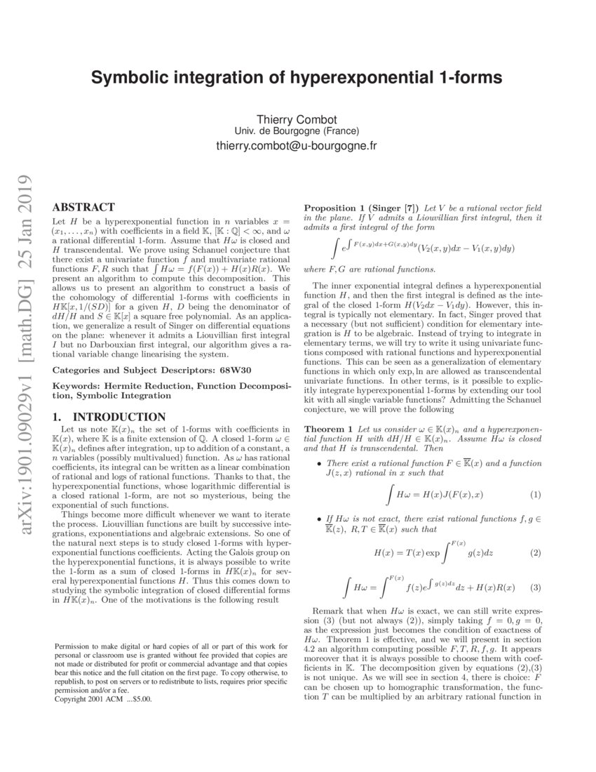 Symbolic integration of hyperexponential 1-forms | DeepAI