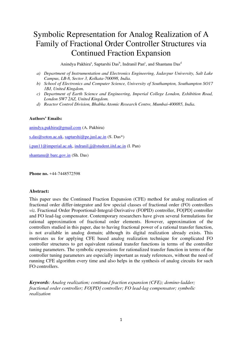Symbolic Representation for Analog Realization of A Family of Fractional Order Controller ...