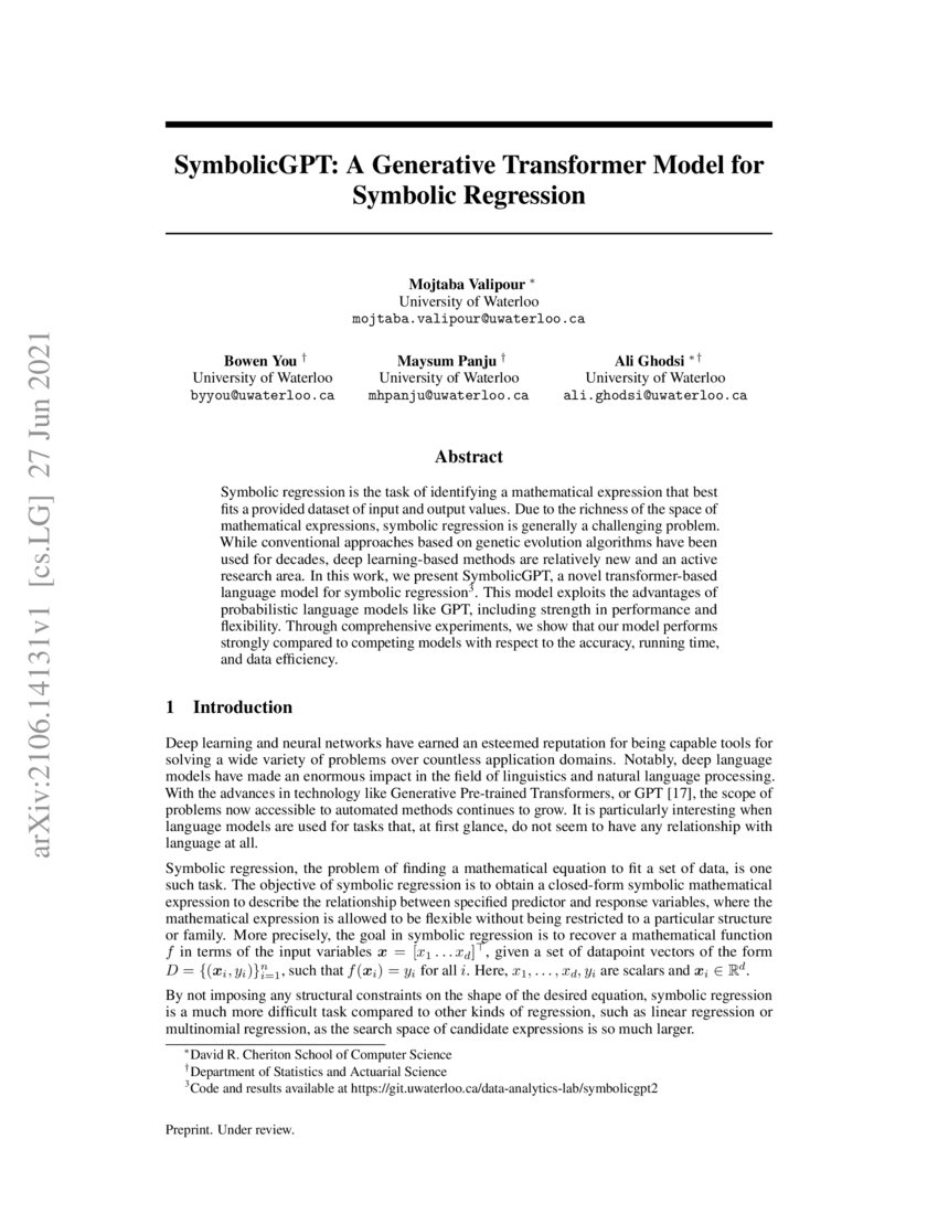 Symbolicgpt A Generative Transformer Model For Symbolic Regression Deepai