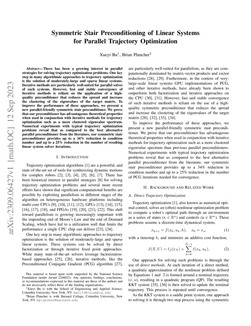 Symmetric Stair Preconditioning Of Linear Systems For Parallel Trajectory Optimization Deepai