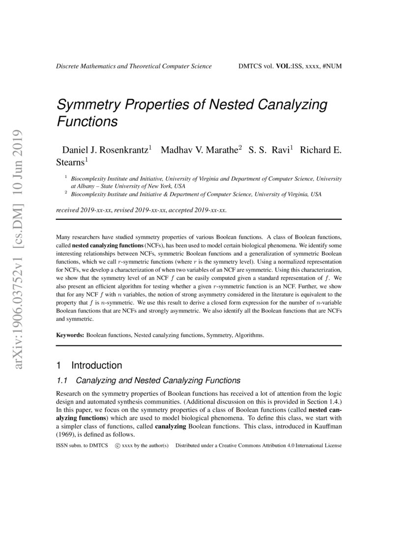 Symmetry Properties Of Nested Canalyzing Functions Deepai
