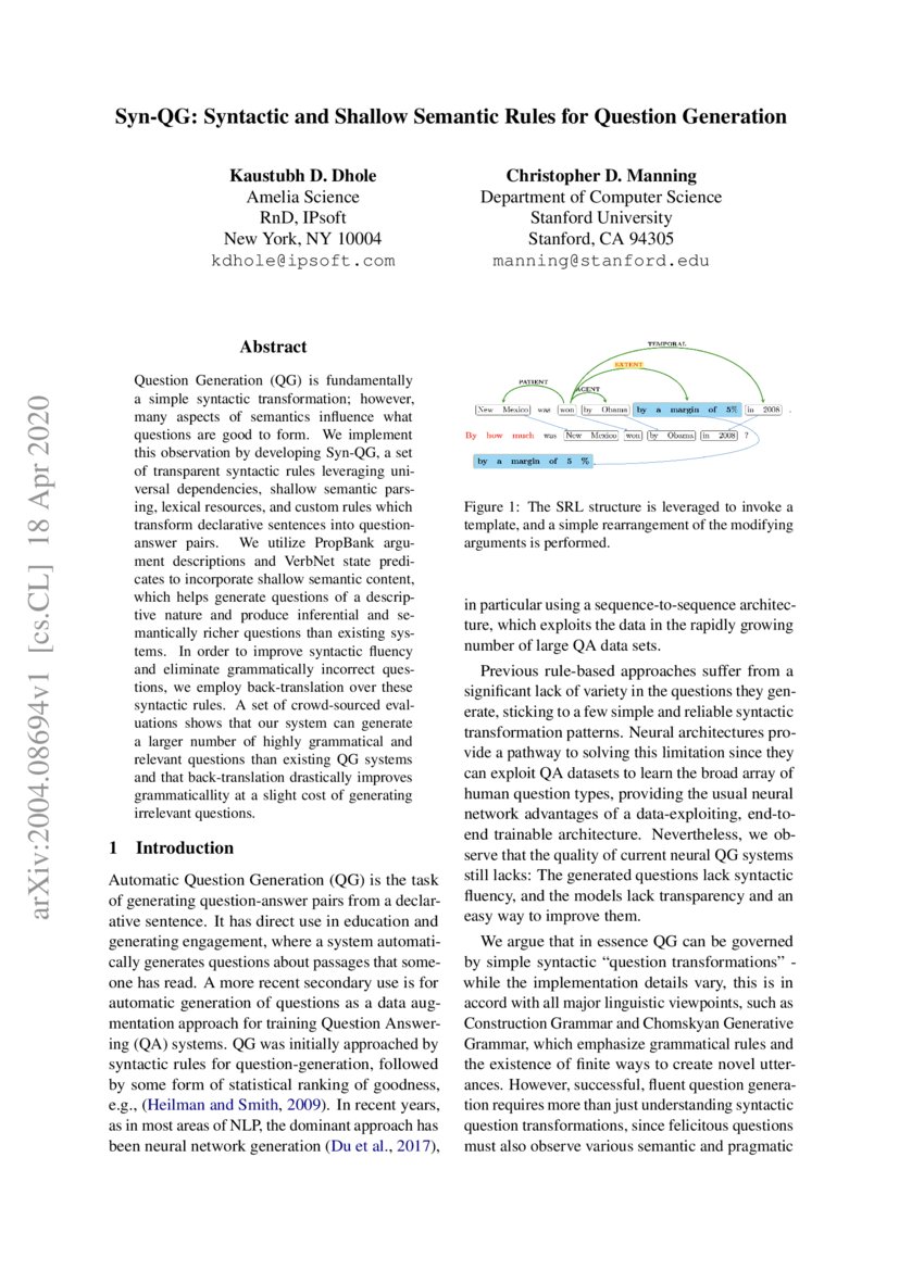 Syn Qg Syntactic And Shallow Semantic Rules For Question Generation Deepai