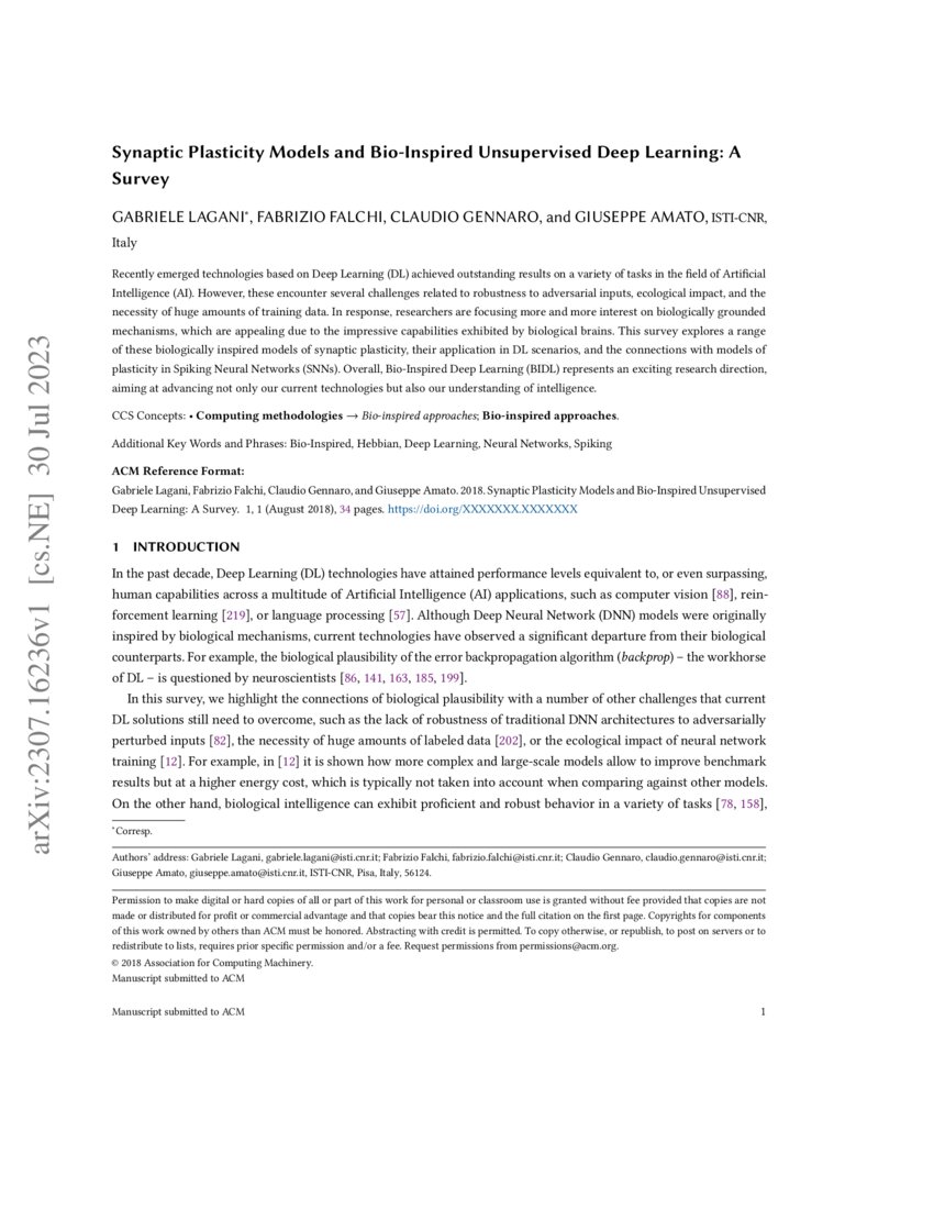 Synaptic Plasticity Models and Bio-Inspired Unsupervised Deep Learning ... Synaptic Plasticity Models and Bio-Inspired Unsupervised Deep Learning ...