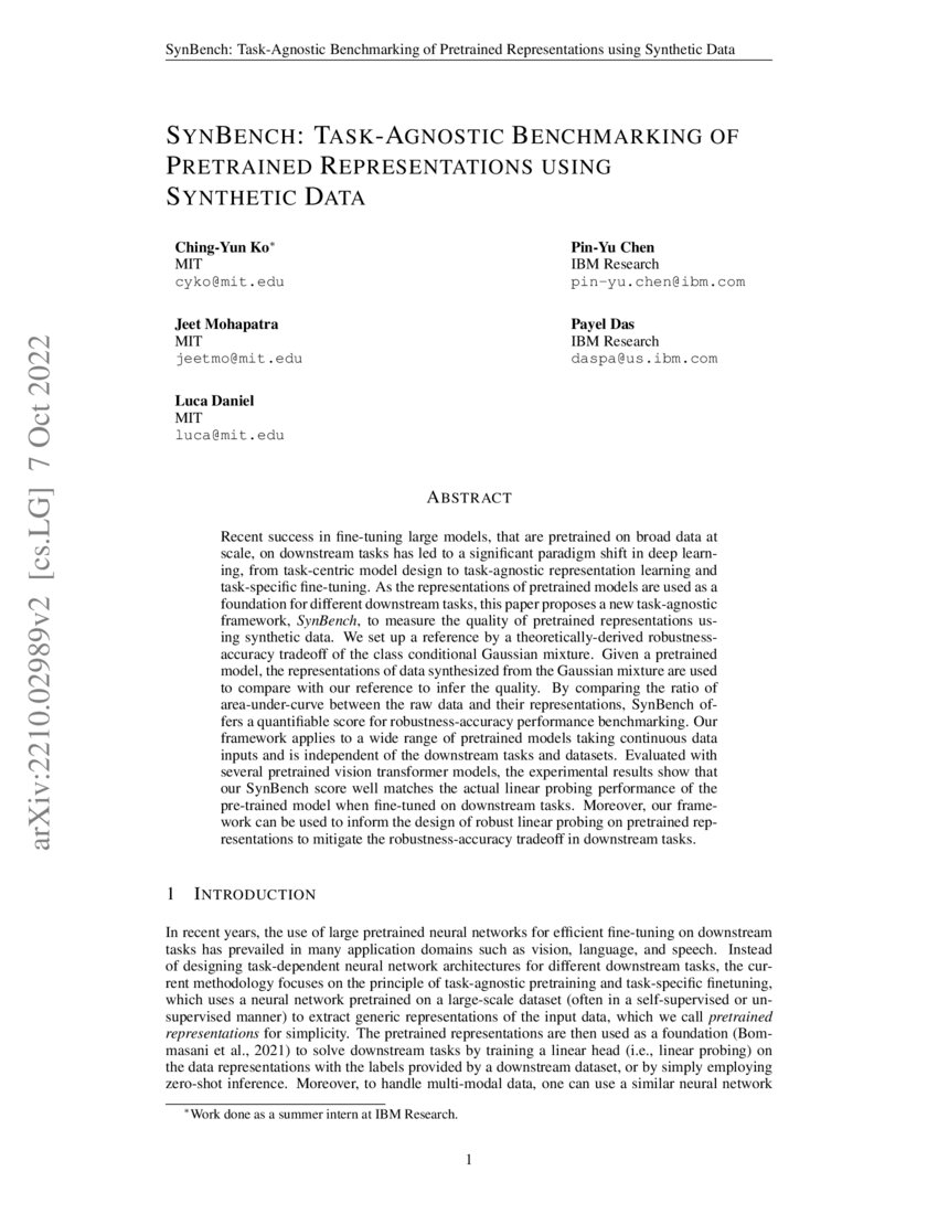 Synbench Task Agnostic Benchmarking Of Pretrained Representations Using Synthetic Data Deepai
