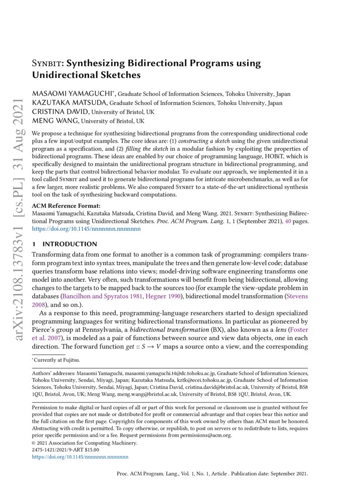 Synbit Synthesizing Bidirectional Programs Using Unidirectional