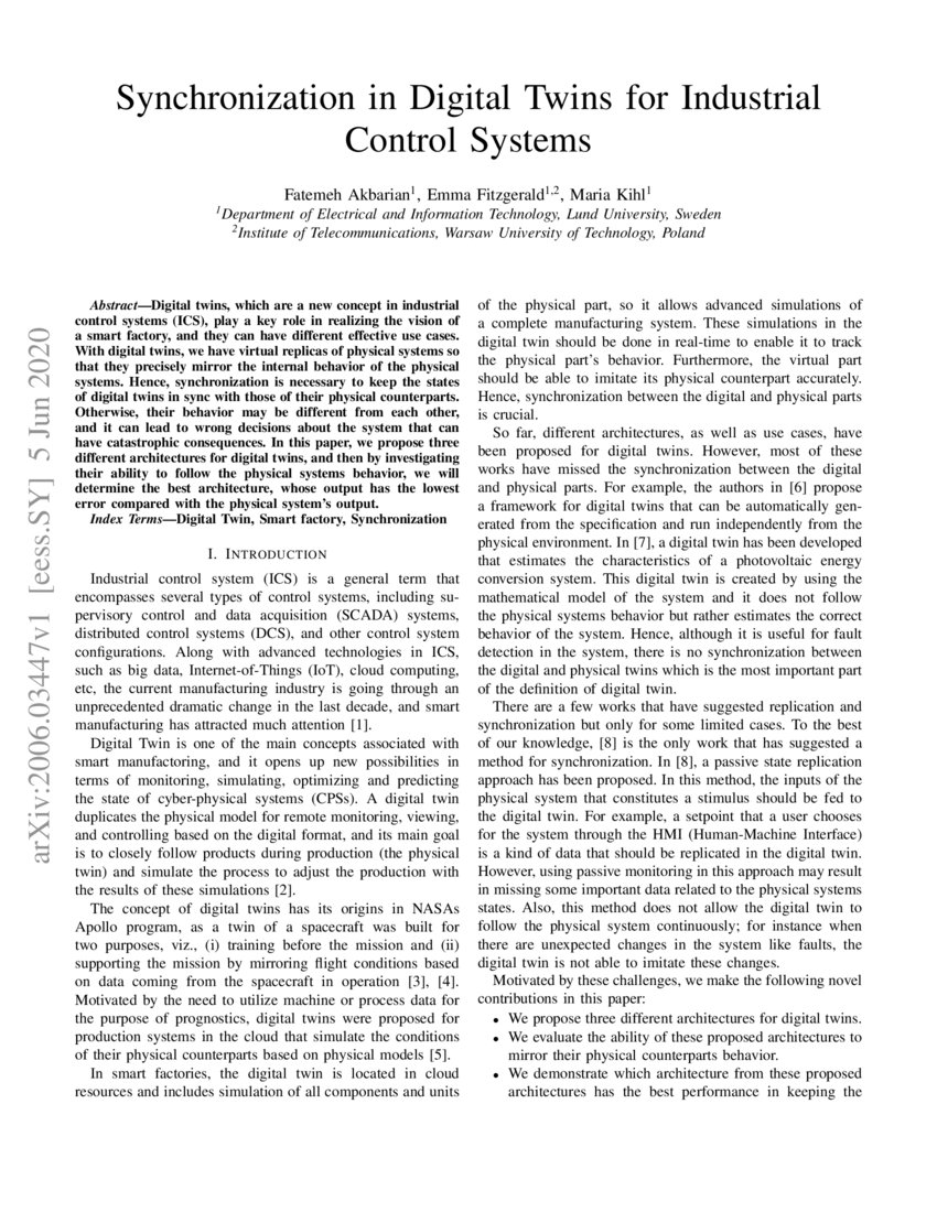 Synchronization In Digital Twins For Industrial Control Systems Deepai