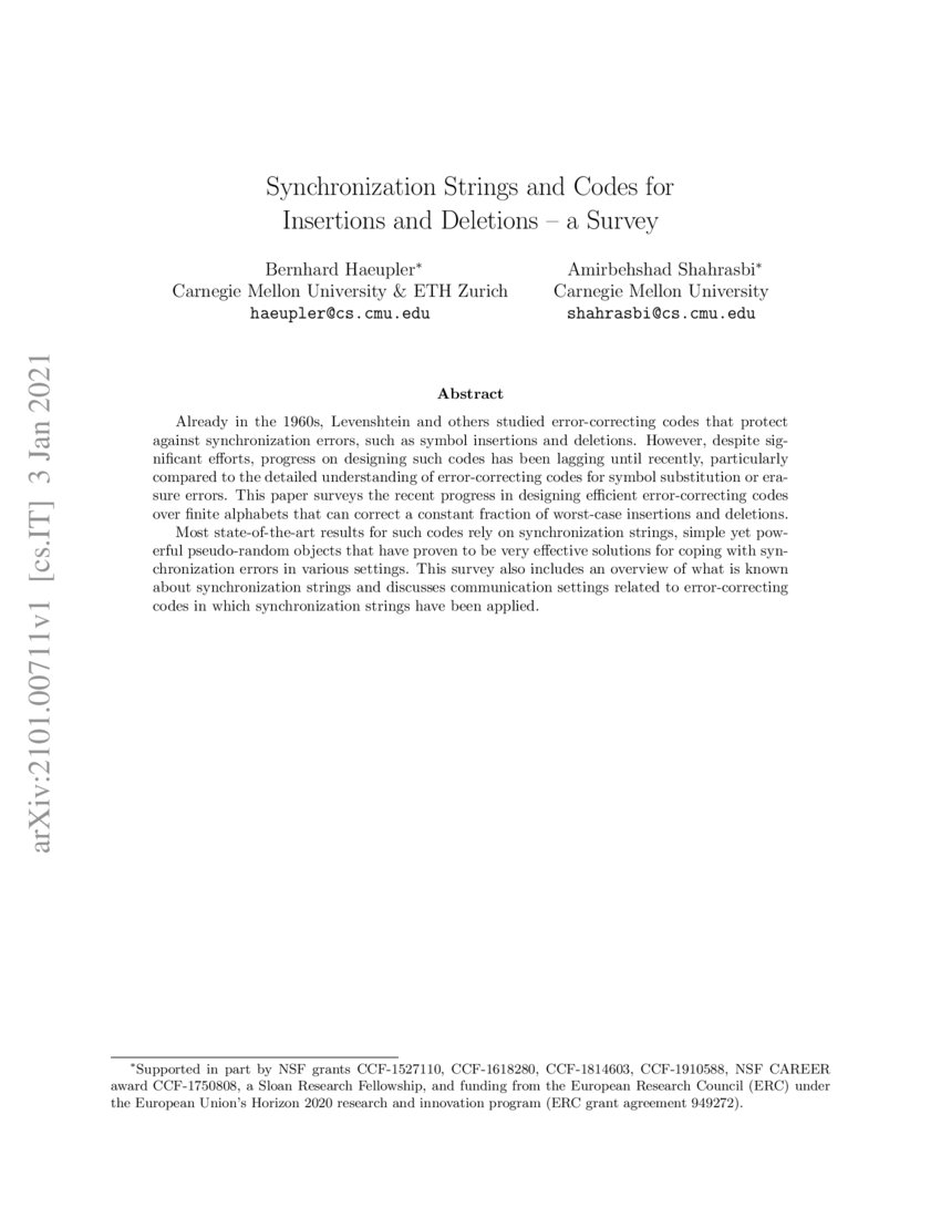 Synchronization Strings And Codes For Insertions And Deletions A Survey Deepai 