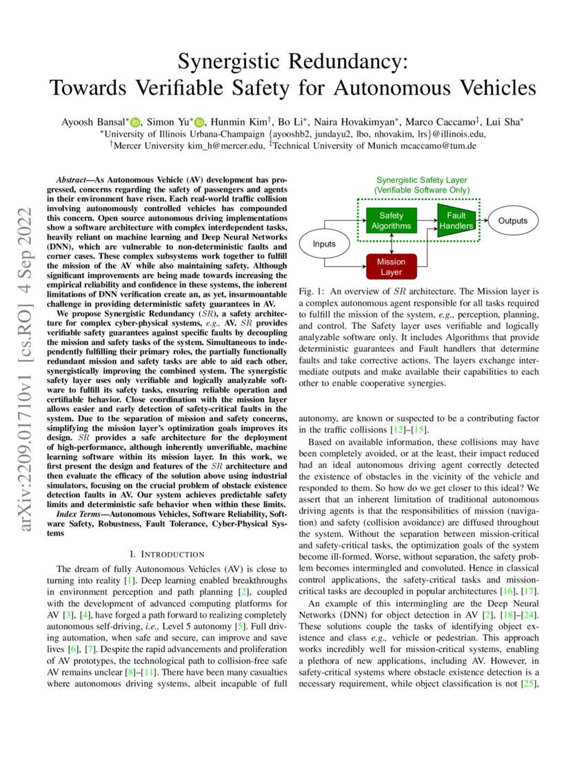 Synergistic Redundancy Towards Verifiable Safety For Autonomous Vehicles Deepai