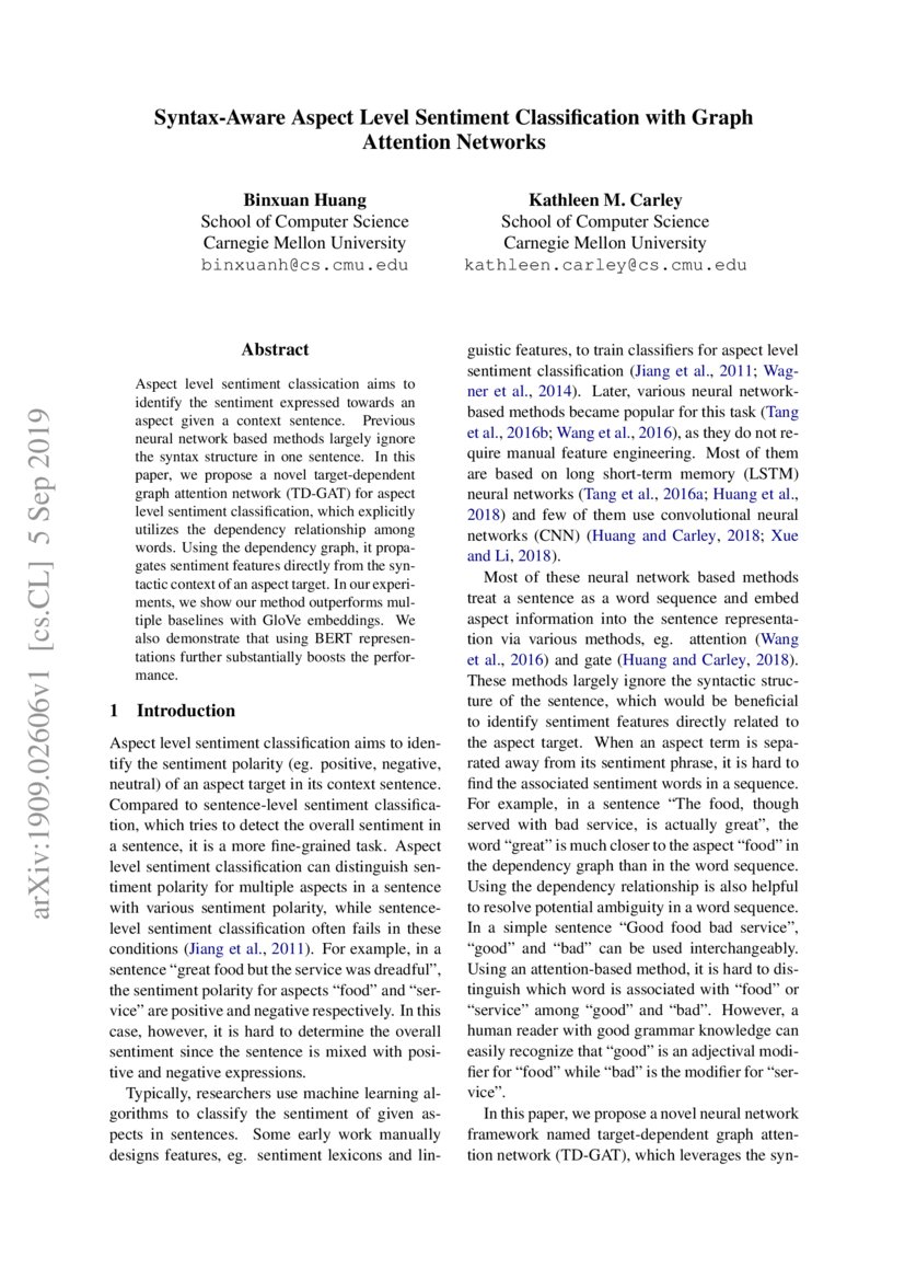 Syntax Aware Aspect Level Sentiment Classification With Graph Attention Networks Deepai