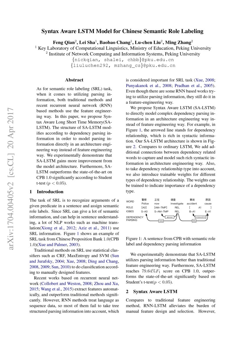 Syntax Aware LSTM Model for Chinese Semantic Role Labeling | DeepAI
