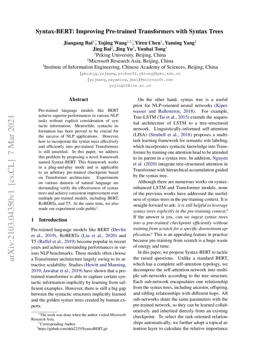 Syntax-BERT: Improving Pre-trained Transformers with Syntax Trees | DeepAI
