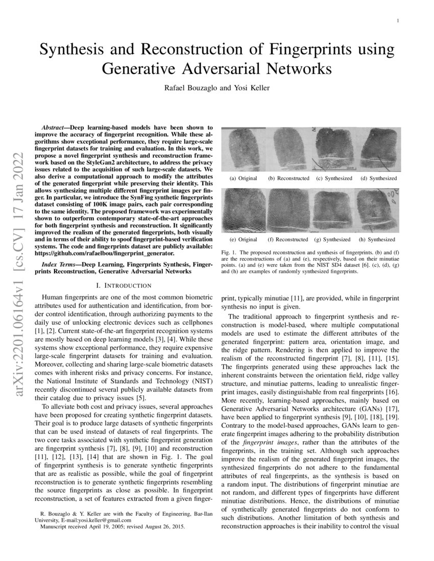 Synthesis and Reconstruction of Fingerprints using Generative Adversarial Networks | DeepAI