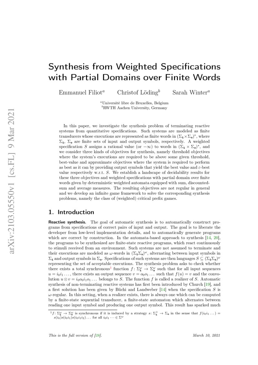 Synthesis from Weighted Specifications with Partial Domains over Finite Words | DeepAI