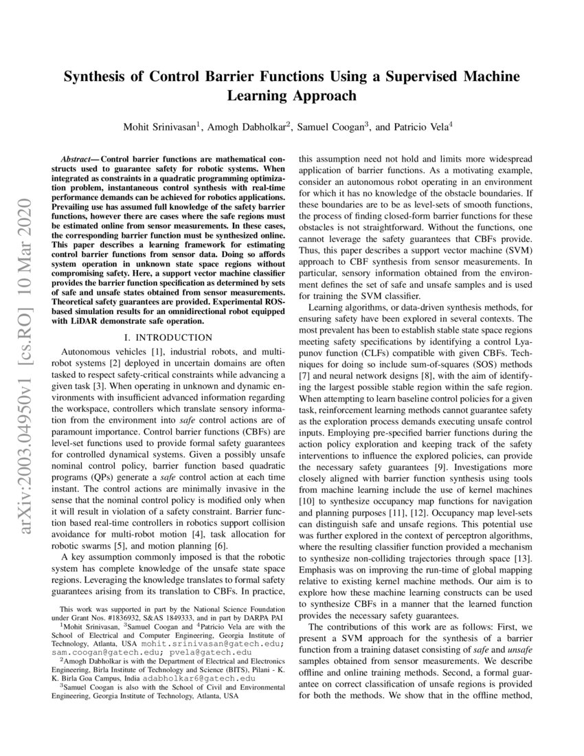 Synthesis Of Control Barrier Functions Using A Supervised Machine